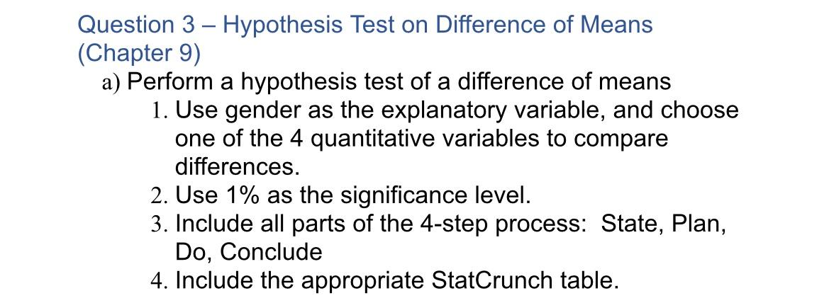 Solved Question 3 - Hypothesis Test on Difference of Means | Chegg.com