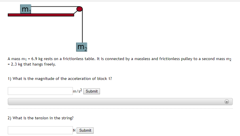 Solved A mass m1-6.9 kg rests on a frictionless table. It is | Chegg.com