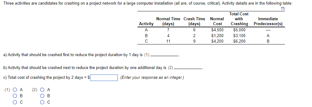 Solved a) Activity that should be crashed first to reduce | Chegg.com
