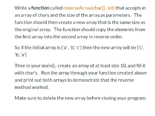 Solved Write A Function Called Reversearraychar Int That 3663