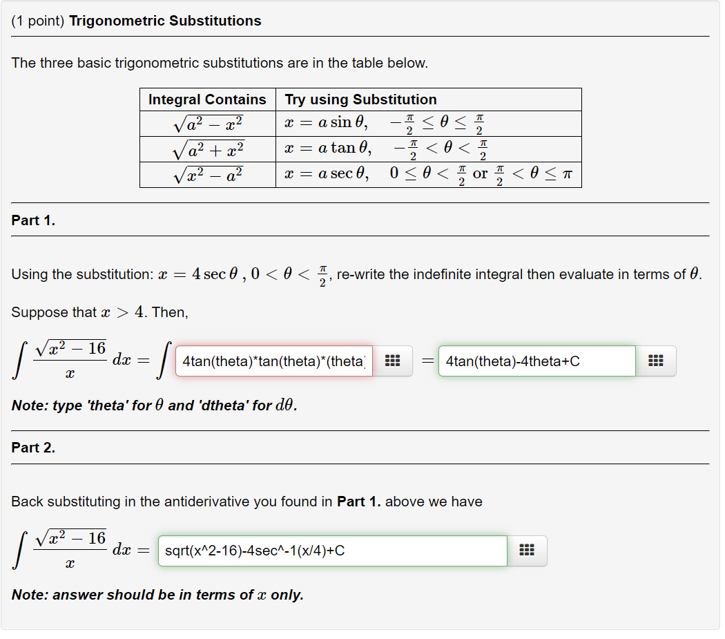 Solved (1 point) Trigonometric Substitutions The three basic | Chegg.com