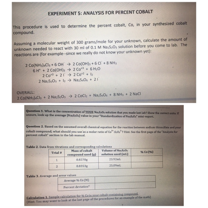 EXPERIMENT 5: ANALYSIS FOR PERCENT COBALT percent | Chegg.com