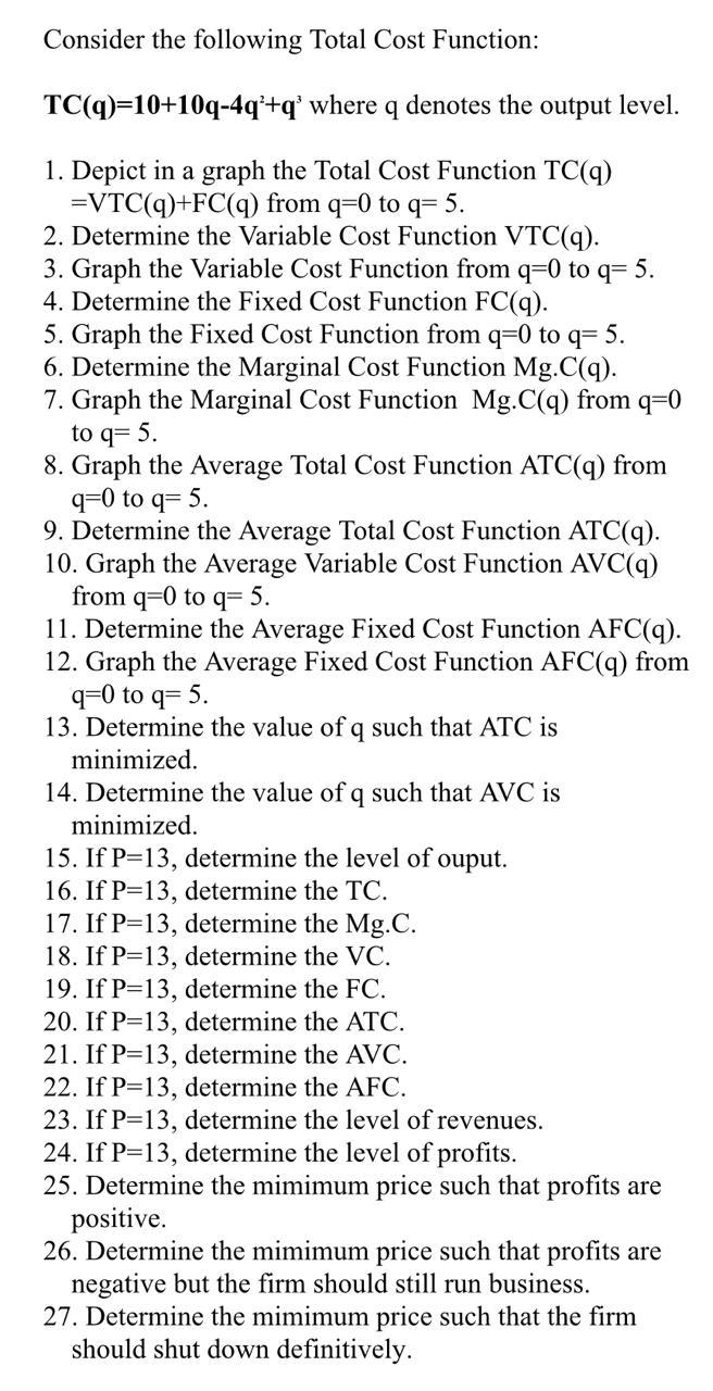 Solved Consider the following Total Cost Function: | Chegg.com