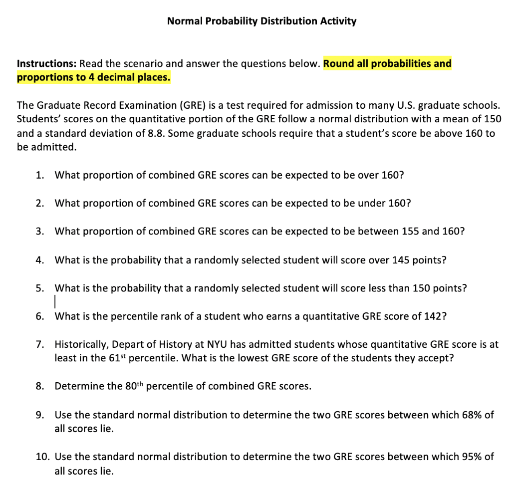 Solved Normal Probability Distribution Activity | Chegg.com