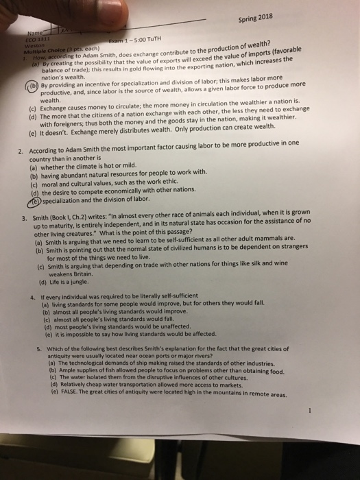 Solved Spring 2018 1311 1-5:00 TuTH to Adam Smith, does | Chegg.com