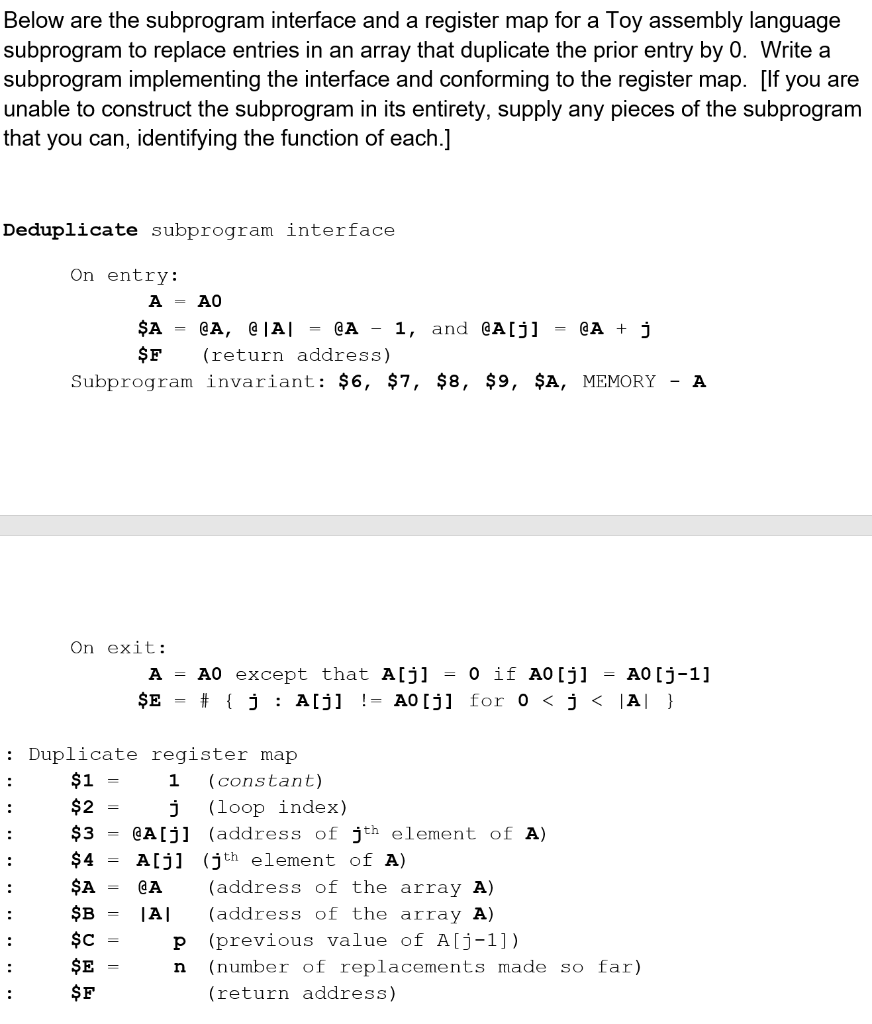 Below are the subprogram interface and a register map | Chegg.com