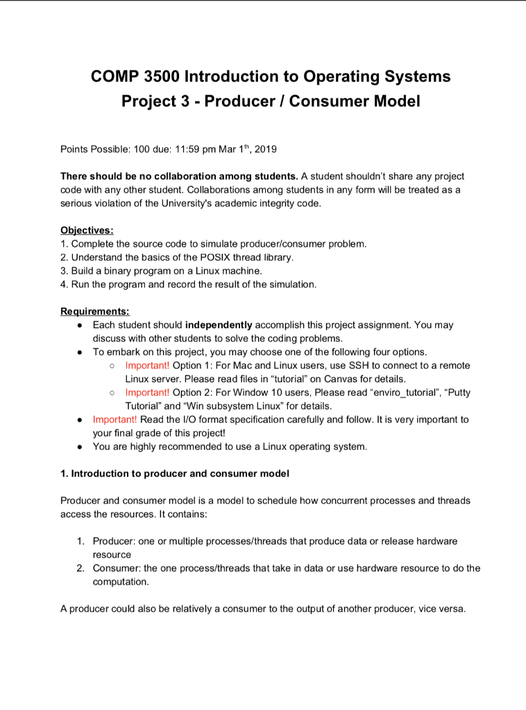 COMP 3500 Introduction to Operating Systems Project 3 | Chegg.com
