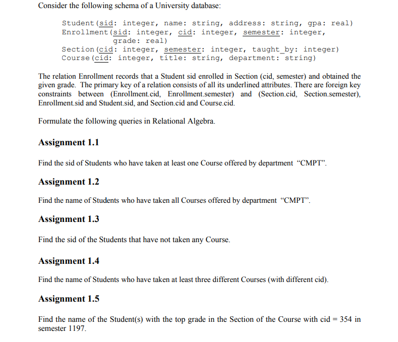 Solved Consider the following schema of a University | Chegg.com