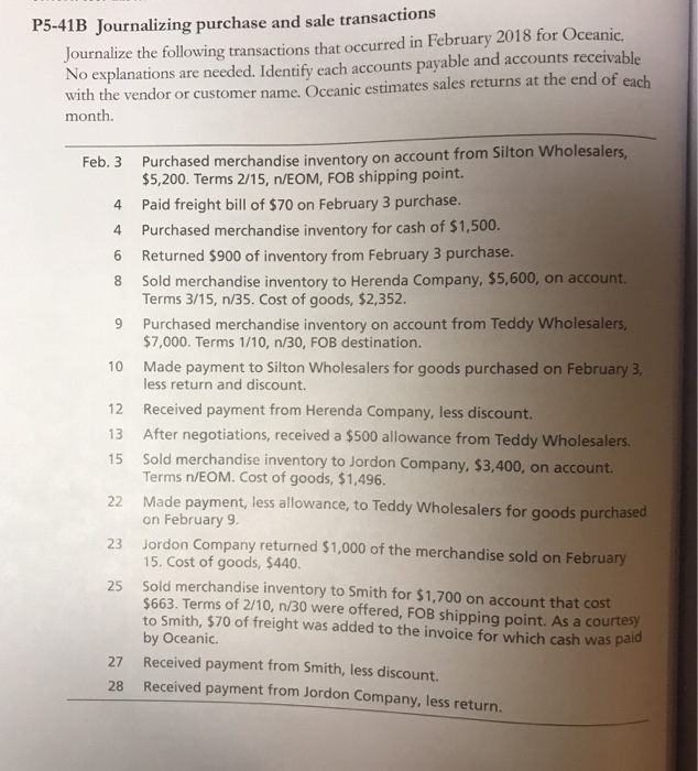 Solved P5-41B Journalizing purchase and sale transactions | Chegg.com