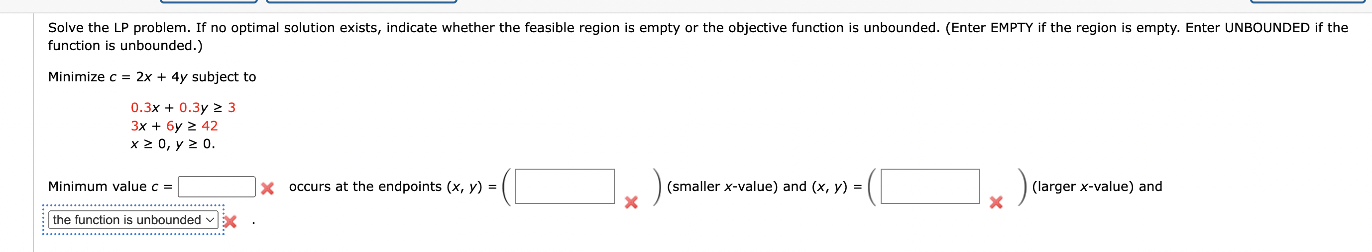 Solved function is unbounded.) Minimize c=2x+4y subject to | Chegg.com
