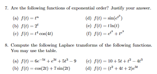 Solved 7. Are the following functions of exponential order? | Chegg.com