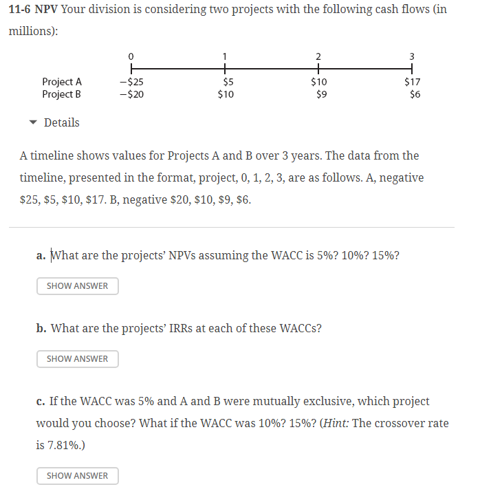 Solved 11-6 NPV Your division is considering two projects | Chegg.com