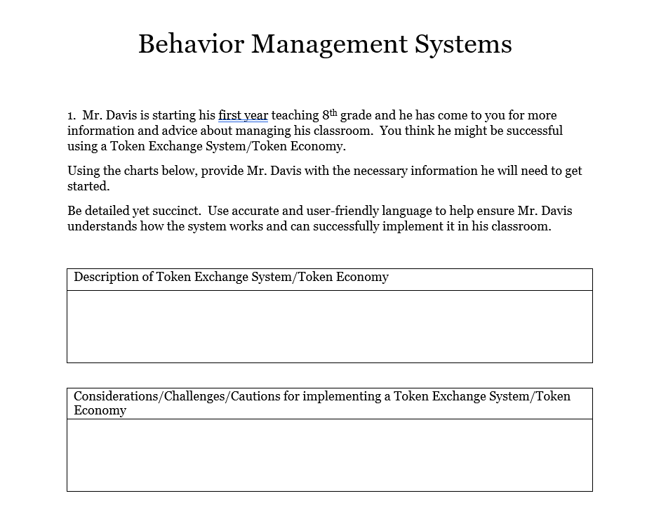 Solved Behavior Management Systems 1. Mr. Davis is starting | Chegg.com