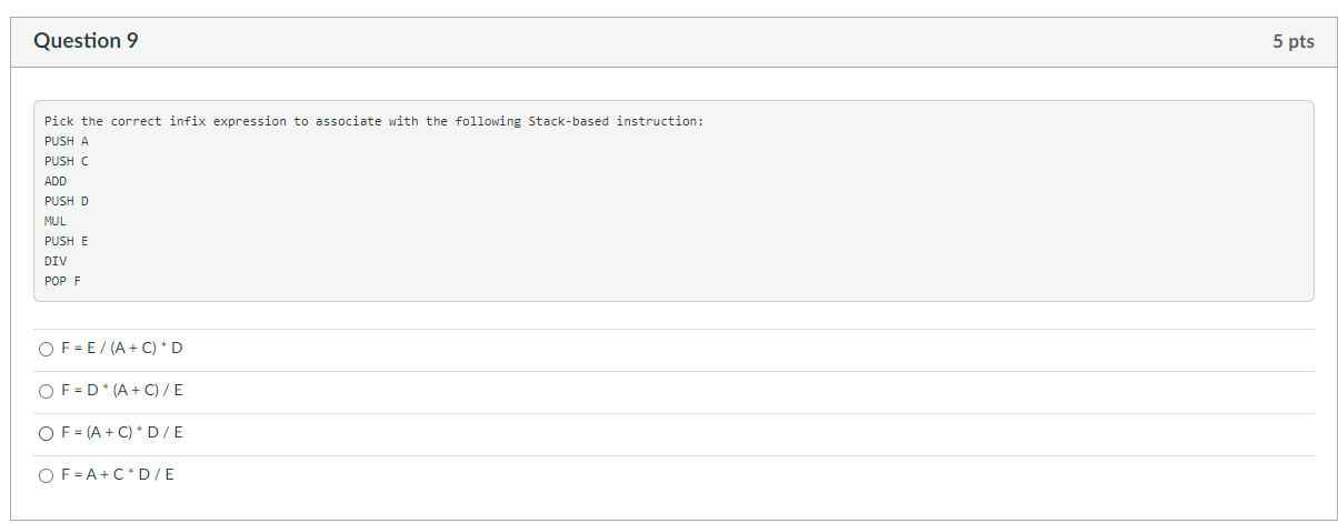Solved Question 9 5 pts Pick the correct infix expression to | Chegg.com