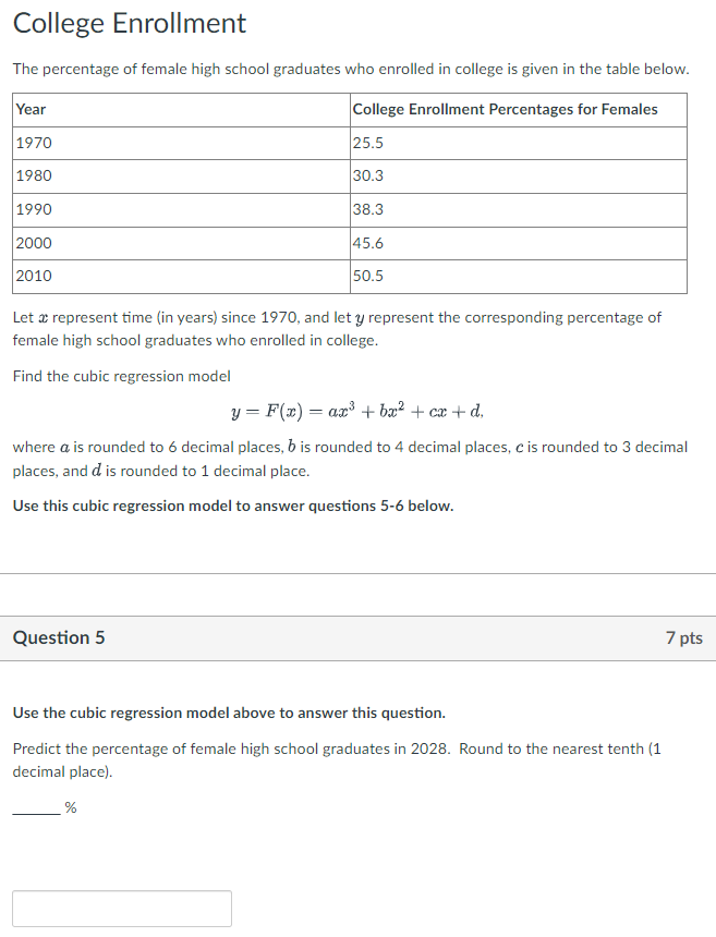 Solved College Enrollment The percentage of female high | Chegg.com