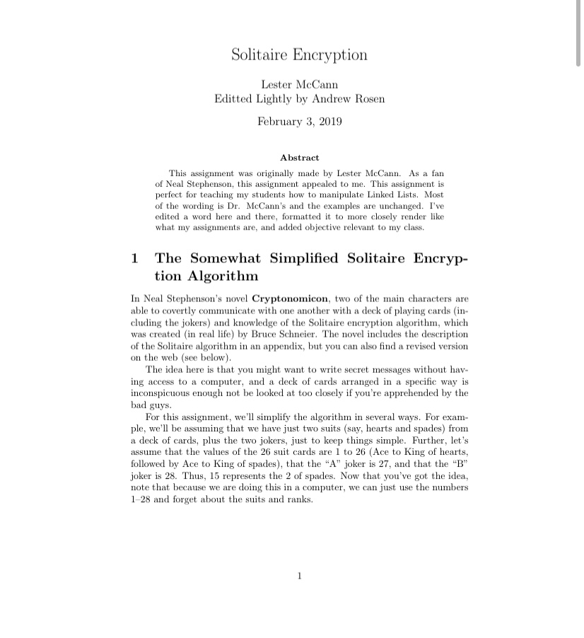 Solitaire Encryption Lester McCann Editted Lightly by | Chegg.com