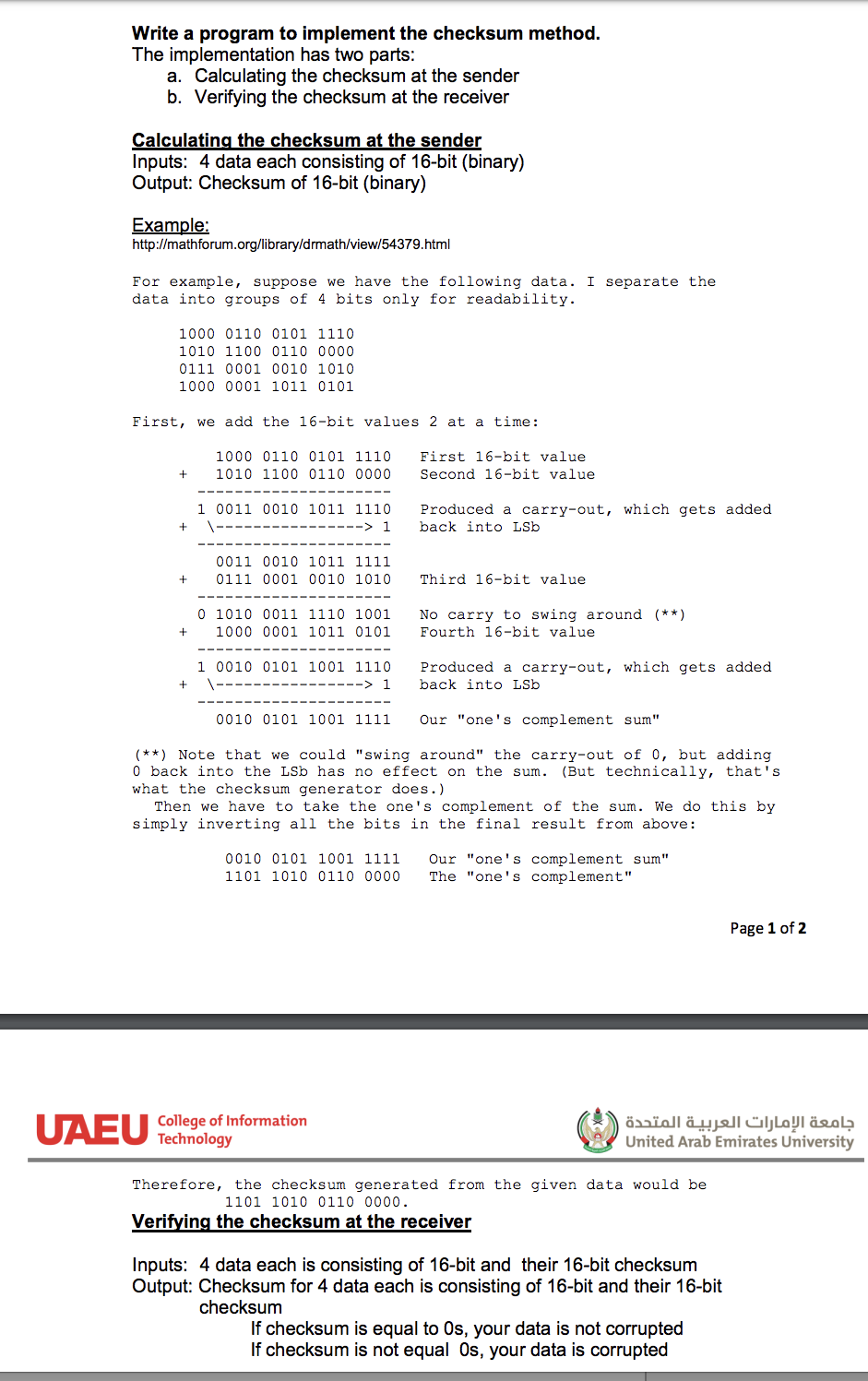 Write A Program To Implement The Checksum Method The 5612