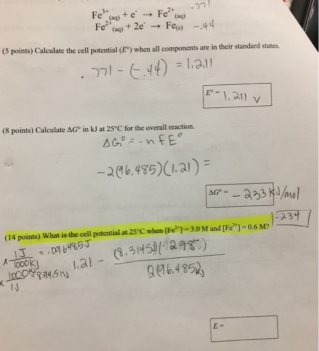 Solved What is the cell potential at 25°C when [Fe]-3.0 M | Chegg.com