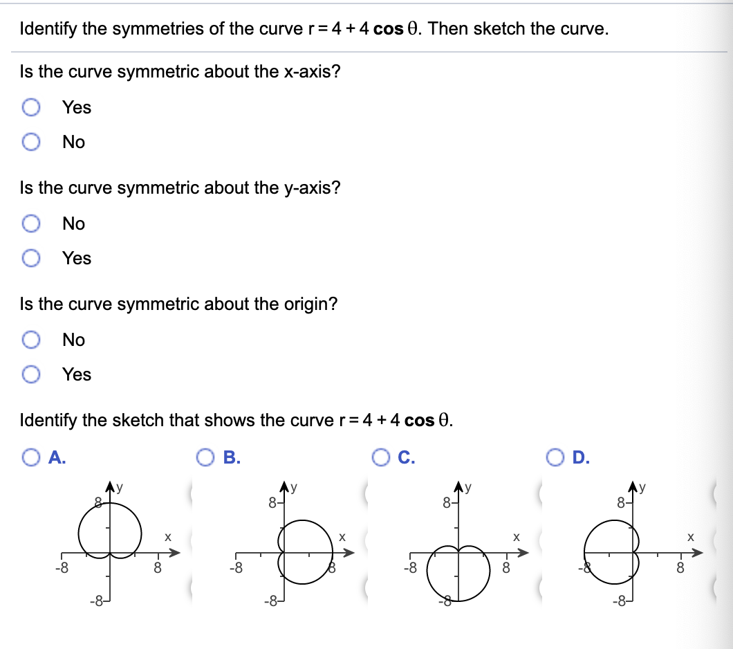 Solved Identify the symmetries of the curve r=4+4 cos 0. | Chegg.com