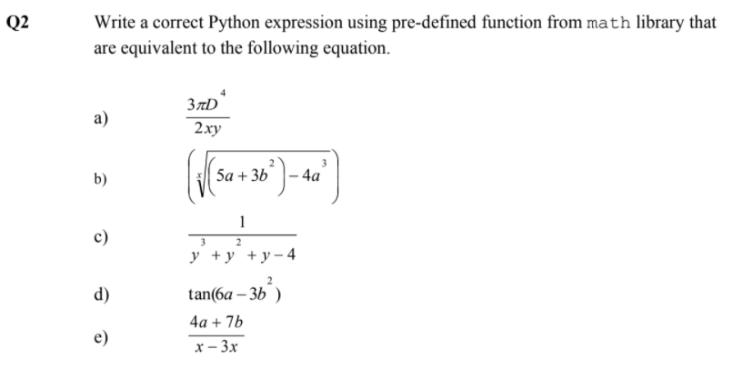 Solved Q2 Write a correct Python expression using | Chegg.com