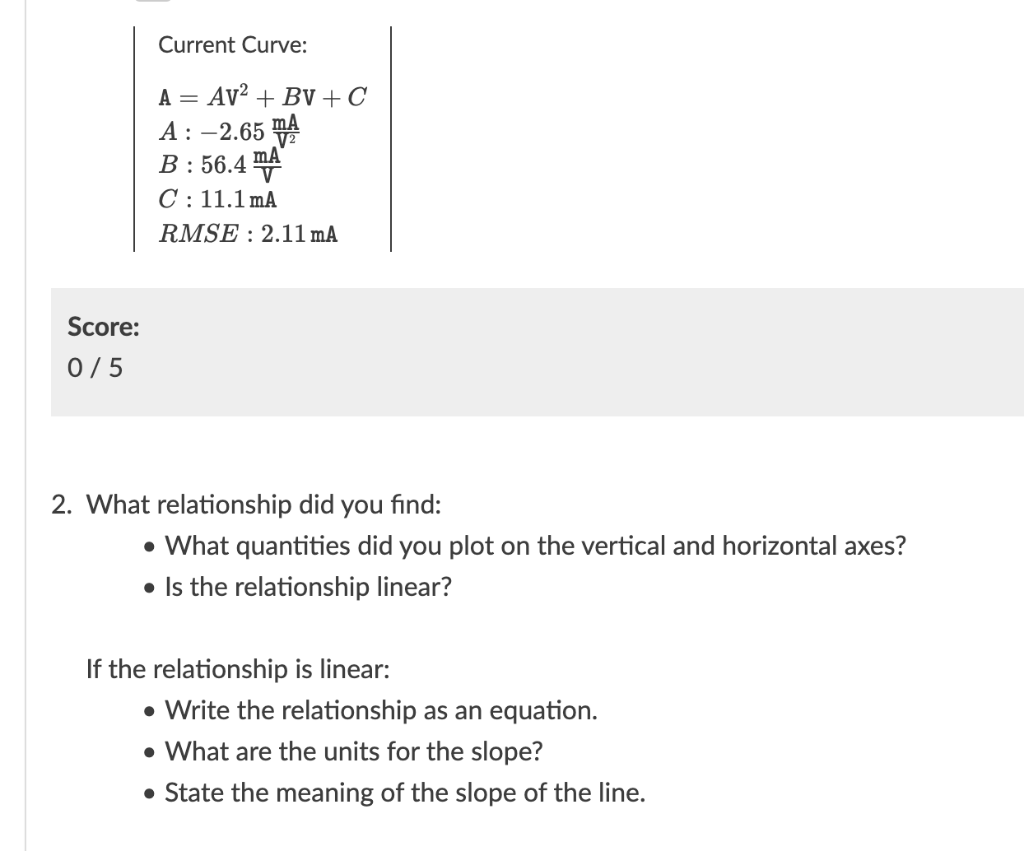 Solved Current Curve: = A Av2 + BV +C A:-0.316 MA B: 19.9 mA | Chegg.com