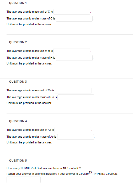 Solved QUESTION 1 The average atomic mass unit of C is The | Chegg.com