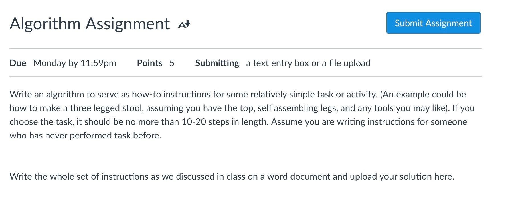 Solved Algorithm Assignment A Submit Assignment Due Monday 0153