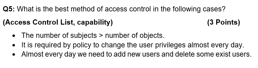 Solved Q5: What is the best method of access control in the | Chegg.com