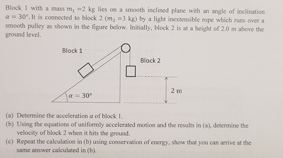 Solved Block 1 with a mass m 2 kg lies on a smooth inclined | Chegg.com