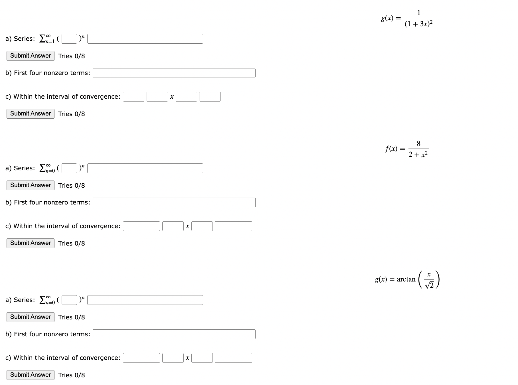 Solved g(x)=1(1+3x)2a) ﻿Series: Tries 0/8b) ﻿First four | Chegg.com