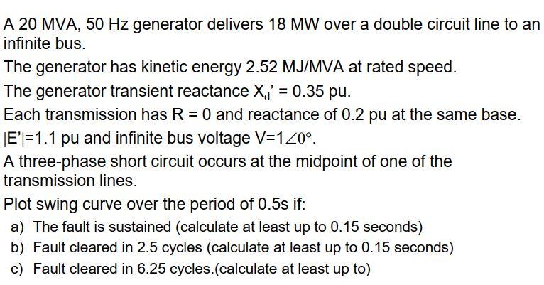 Solved A 20 MVA, 50 Hz generator delivers 18 MW over a | Chegg.com