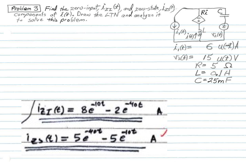 Solved Problem 3 Find the zero-input, izk (t), and | Chegg.com