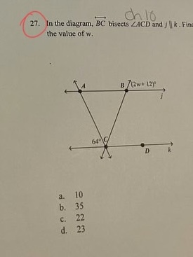 Solved 27. In the diagram, BC bisects ∠ACD and j∥k. Fin the | Chegg.com