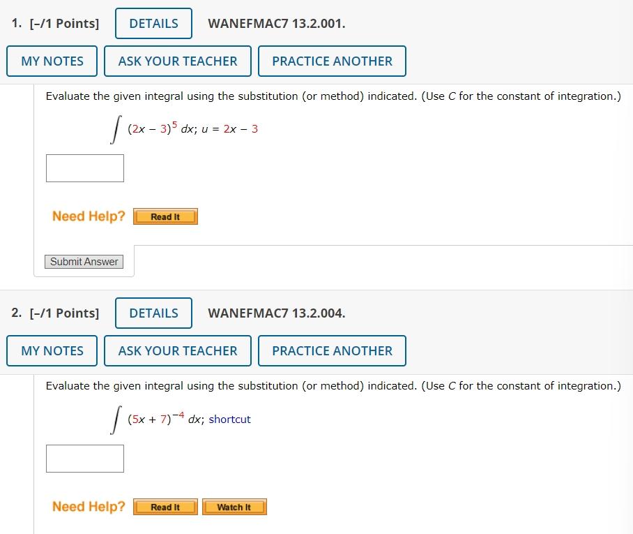 Solved ∫(2x−3)5dx;u=2x−3 /1 Points] WANEFMAC7 13.2.004. | Chegg.com