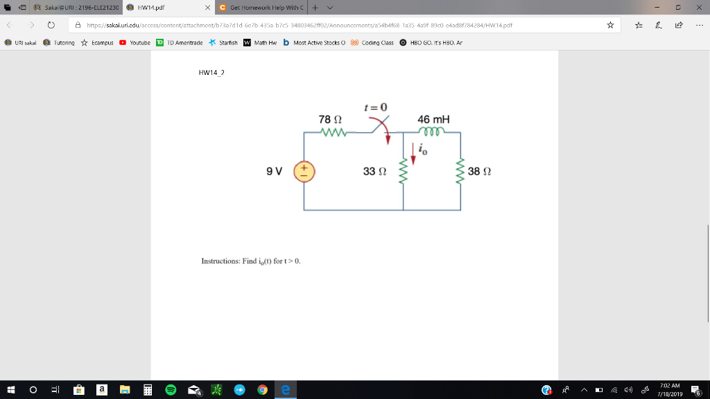 Solved HW14.pd Sakai@URI : 2196-ELE21230 t Homework IHelp | Chegg.com