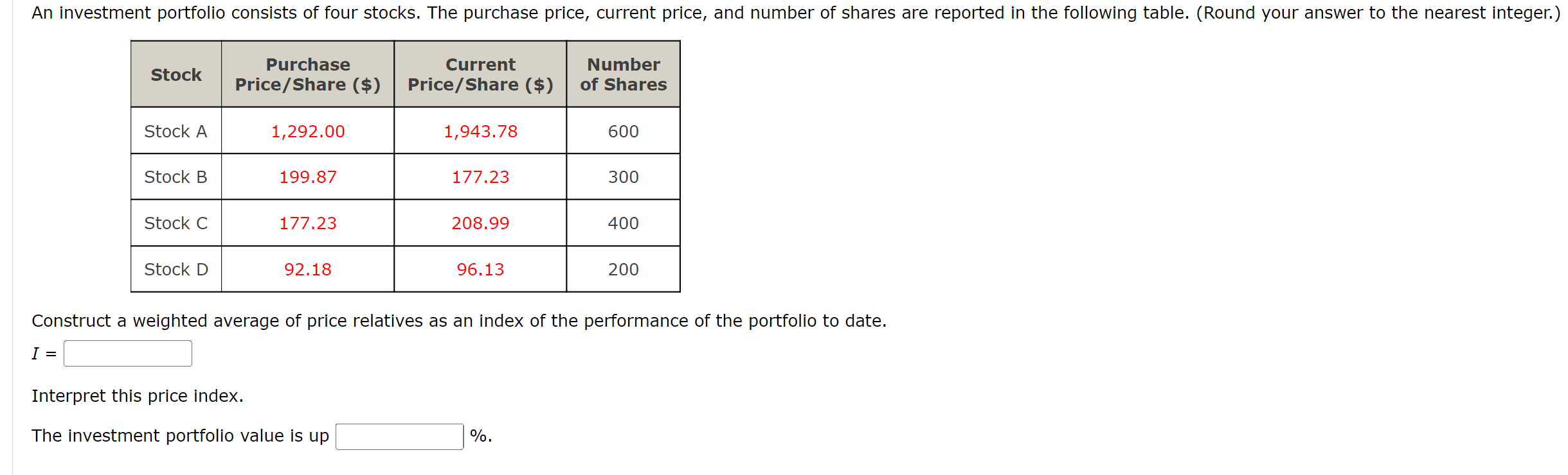 Solved An Investment Portfolio Consists Of Four Stocks The