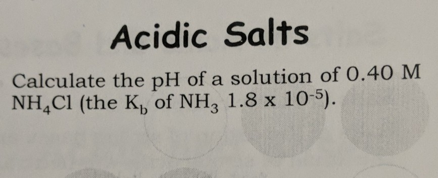 Solved Calculate the pH of a solution of 0.40 M NH4Cl (the | Chegg.com