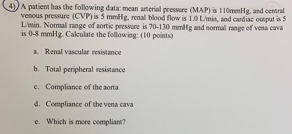 Solved 4) A patient has the following data: mean arterial | Chegg.com