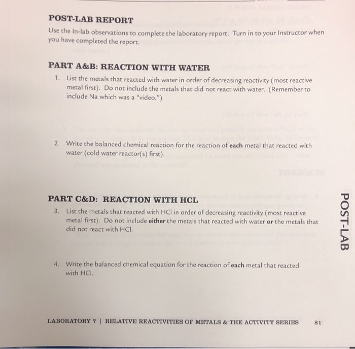 Solved POST-LAB REPORT Use the In-lab observations to | Chegg.com