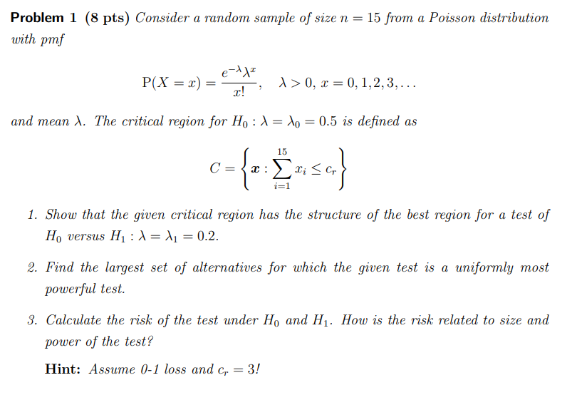 Solved Problem 1 (8 ﻿pts) ﻿Consider a random sample of size | Chegg.com