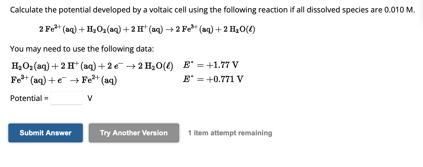 Solved Calculate the potential developed by a voltaic cell | Chegg.com