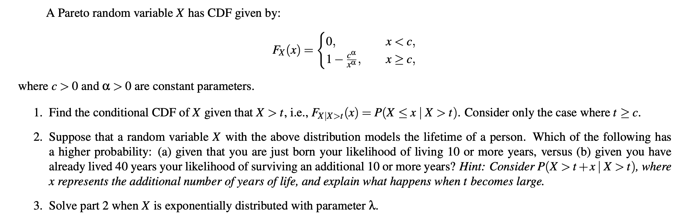 Solved A Pareto random variable X has CDF given by: Fx (x) = | Chegg.com