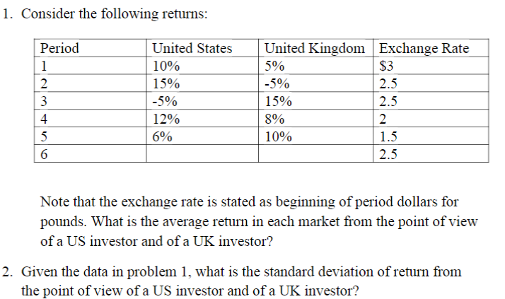 Solved 1. Consider the following returns: Period Exchange | Chegg.com