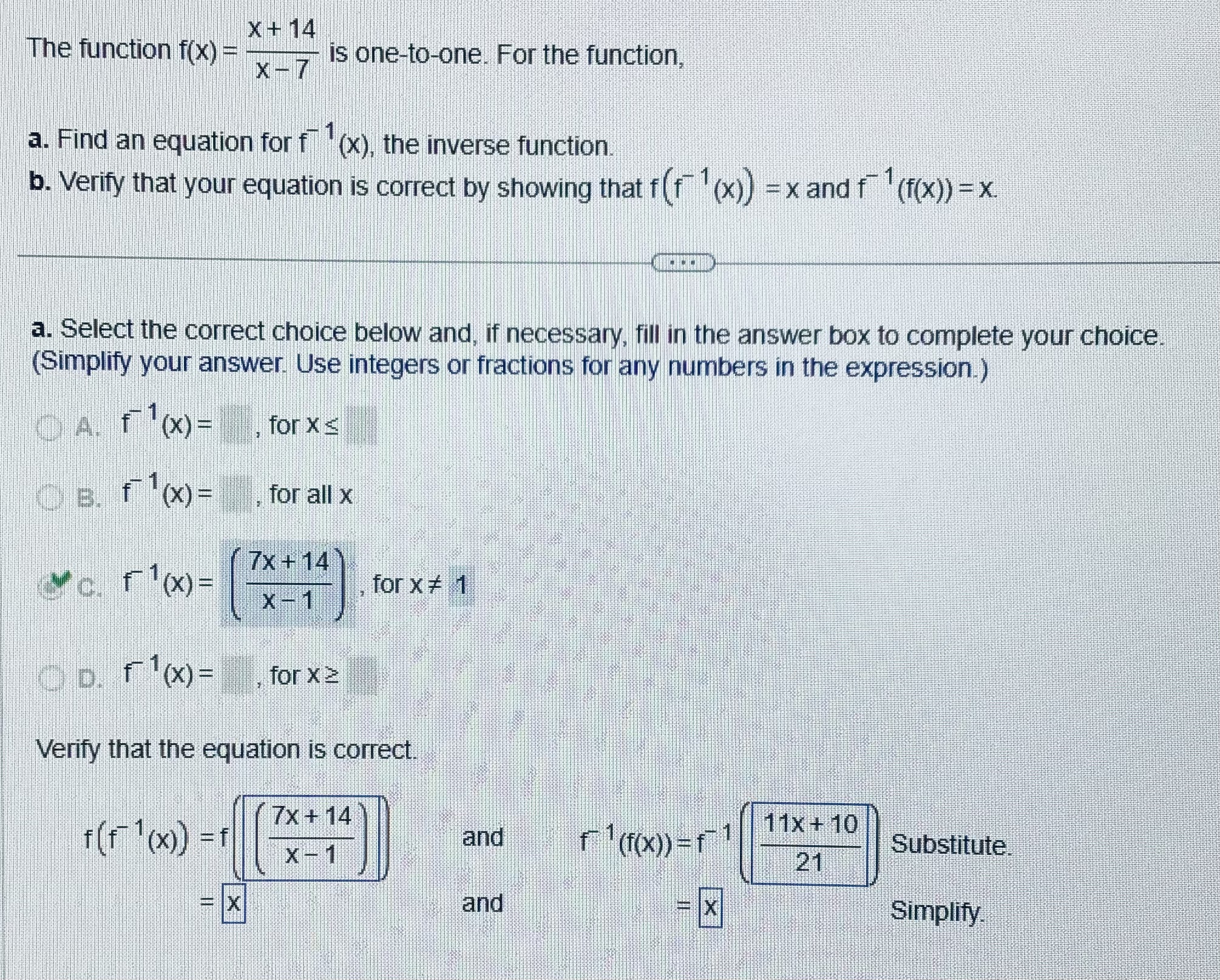 Solved The function f(x)=x−7x+14 is one-to-one. For the | Chegg.com