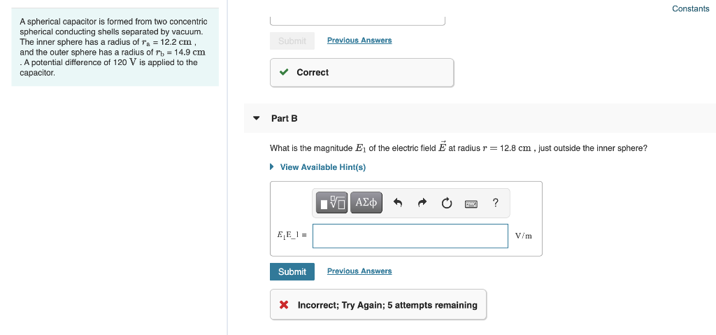 Solved Constants Submit Previous Answers A spherical | Chegg.com