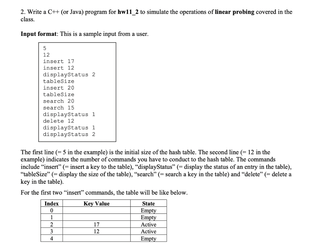 Solved 2. Write a C++ (or Java) program for hw11_2 to | Chegg.com