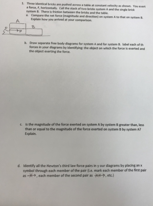 Solved 1. Three identical bricks are pushed across a table | Chegg.com