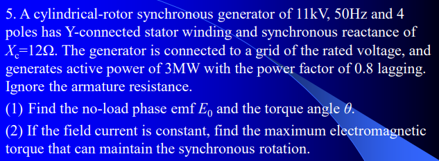 Solved 5. A cylindrical-rotor synchronous generator of 11kV, | Chegg.com