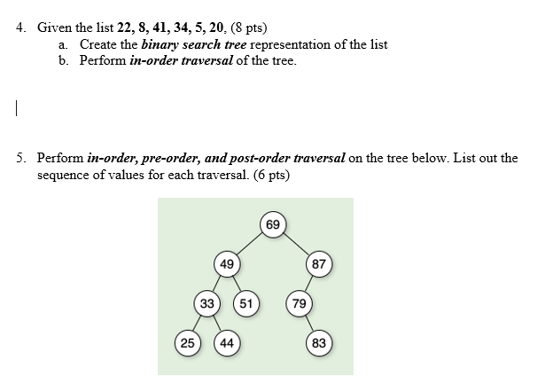 Solved 4. Given the list 22, 8, 41, 34, 5, 20, (8 pts) a. | Chegg.com Solved 4. Given the list 22, 8, 41, 34, 5, 20, (8 pts) a. | Chegg.com