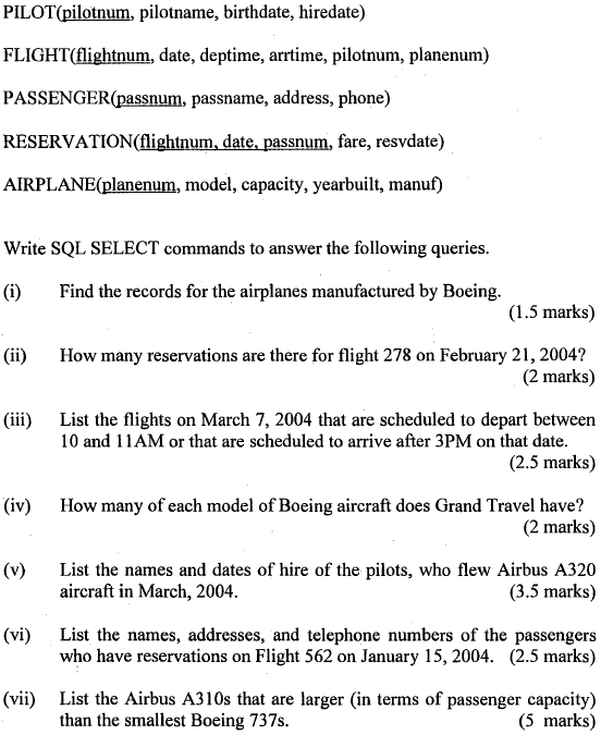 PILOT(pilotnum, pilotname, birthdate, hiredate) | Chegg.com